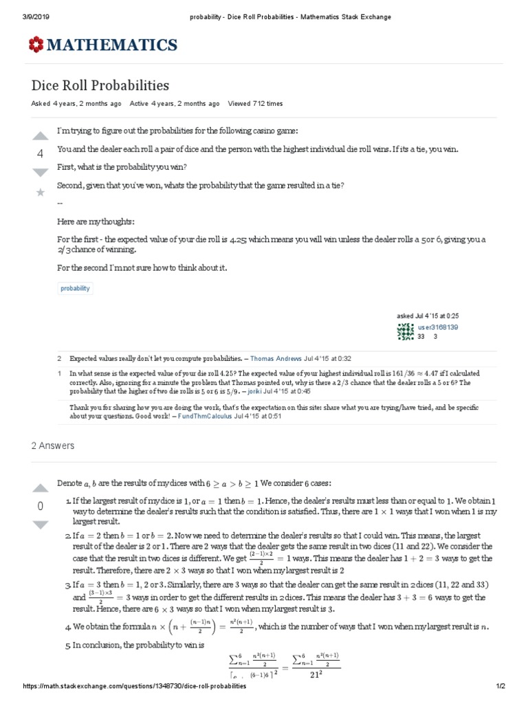 Probability - Dice Roll Probabilities - Mathematics Stack Exchange | PDF | Expected Value ...
