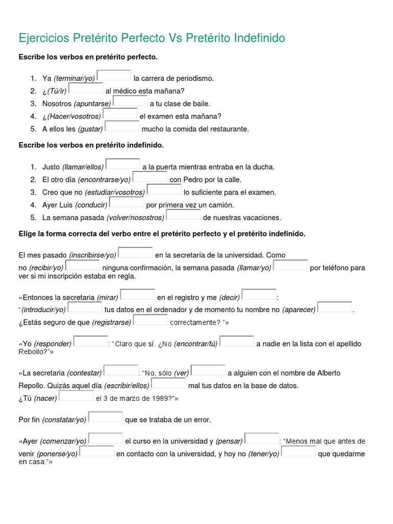 Ejercicios Pretérito Perfecto Vs Pretérito Indefinido Con Soluciones | PDF