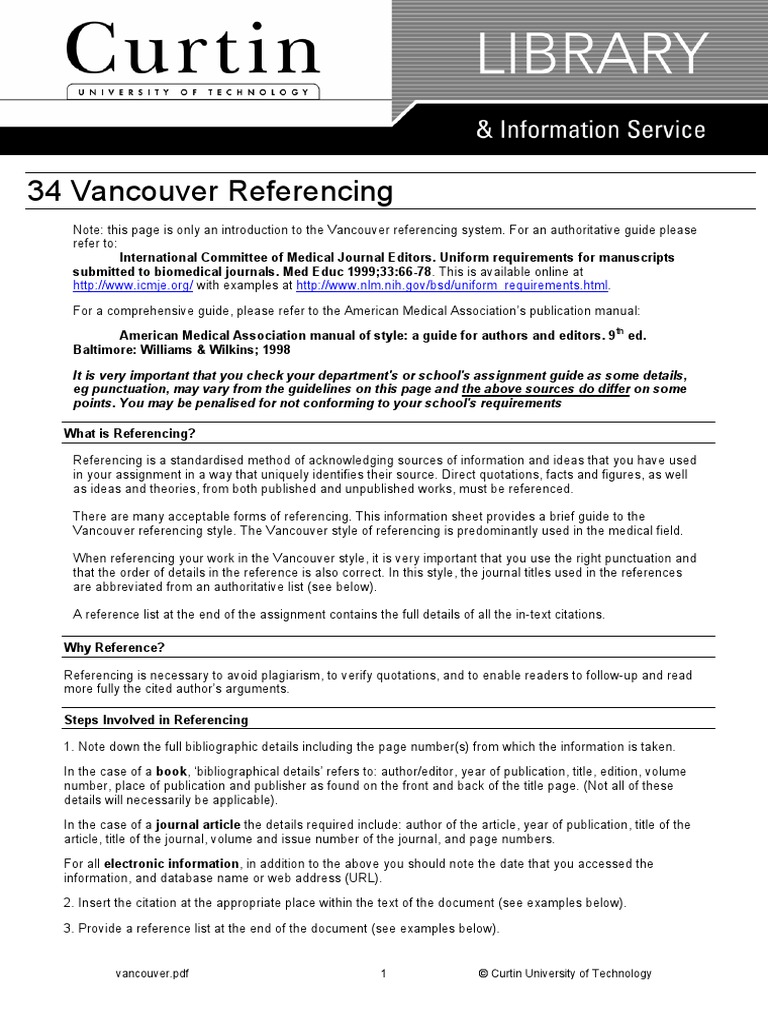 34 Vancouver Referencing: Vancouver - PDF 1 © Curtin University of ...