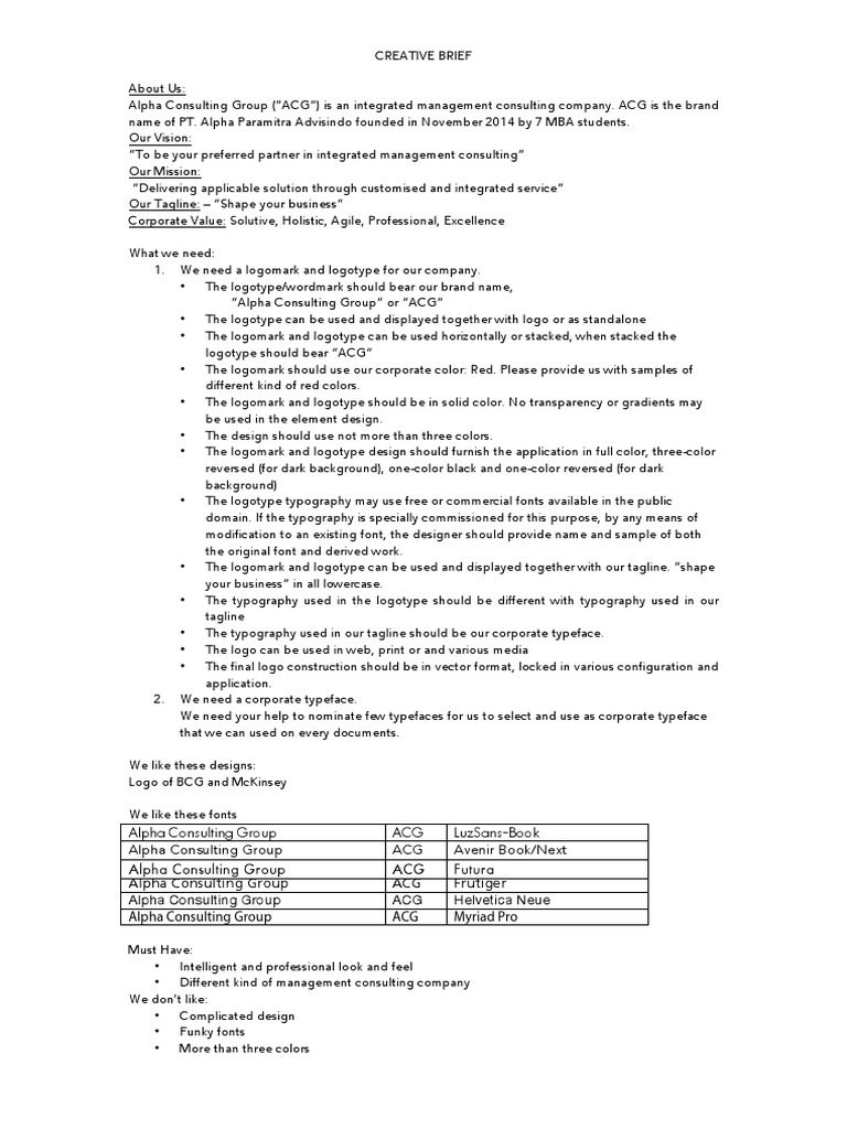 Creative Brief - Alpha Consulting Group | PDF | Logos | Typefaces