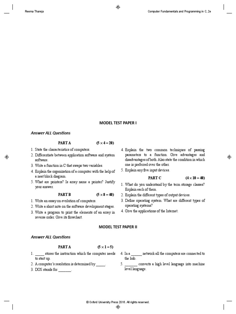 Answer All Quesɵ Ons: Model Test Paper I | PDF | C (Programming ...