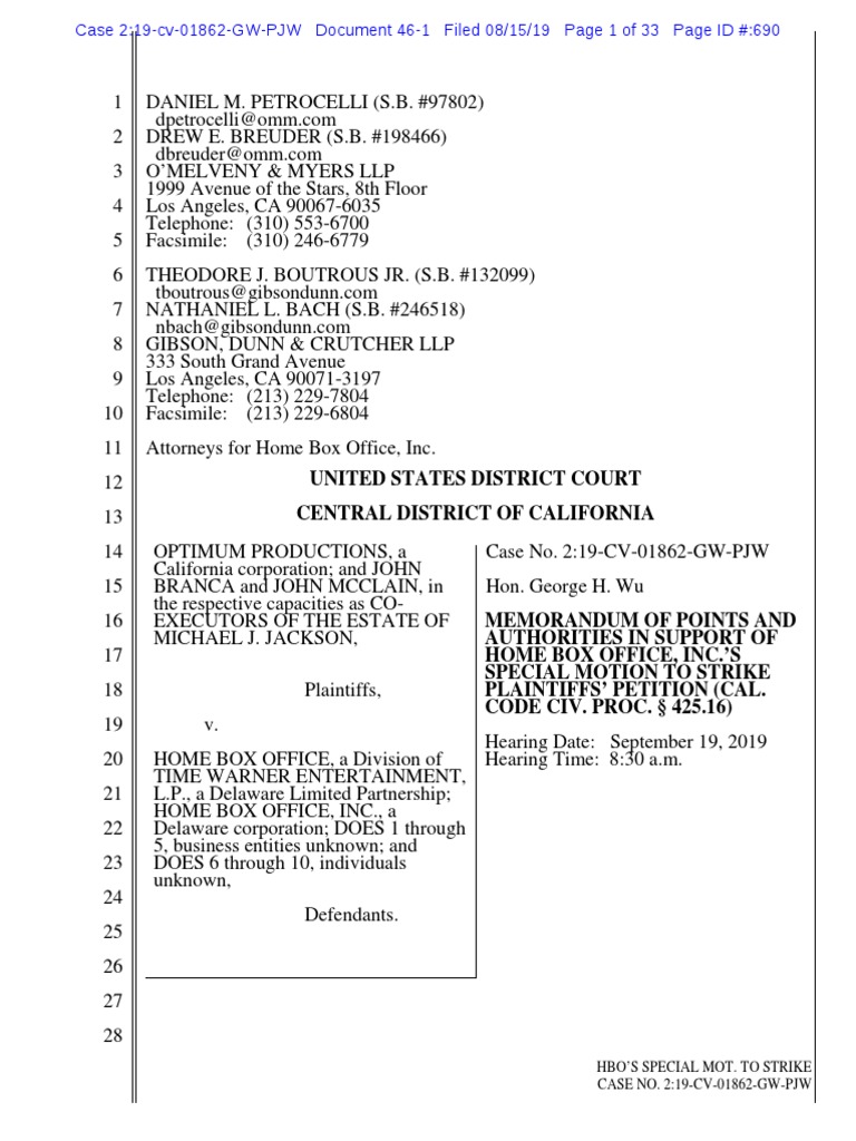 HBO Anti Slapp Motion To Strike | PDF | Burden Of Proof (Law) | Lawsuit
