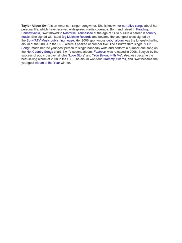 Taylor Alison Swift Is An American Singer-Songwriter. She Is Known For ...