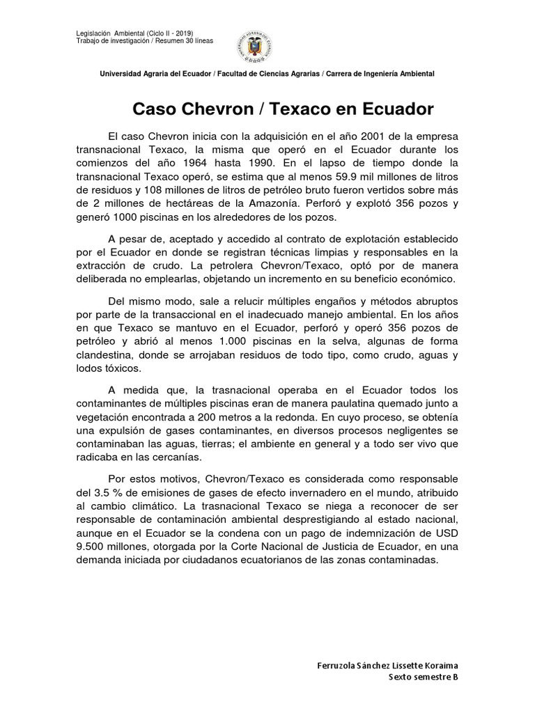 Caso Chevron Texaco en Ecuador | PDF | Petróleo | Ecuador