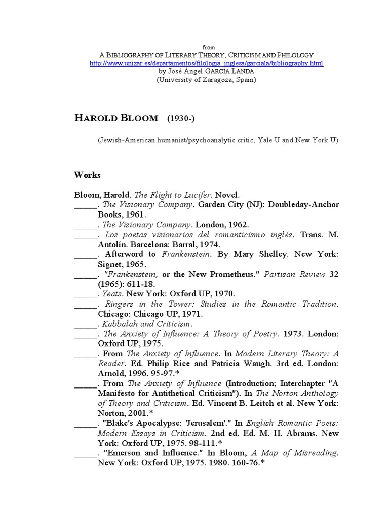 Literary Theory Critic Harold Bloom Bibliography | PDF | English ...