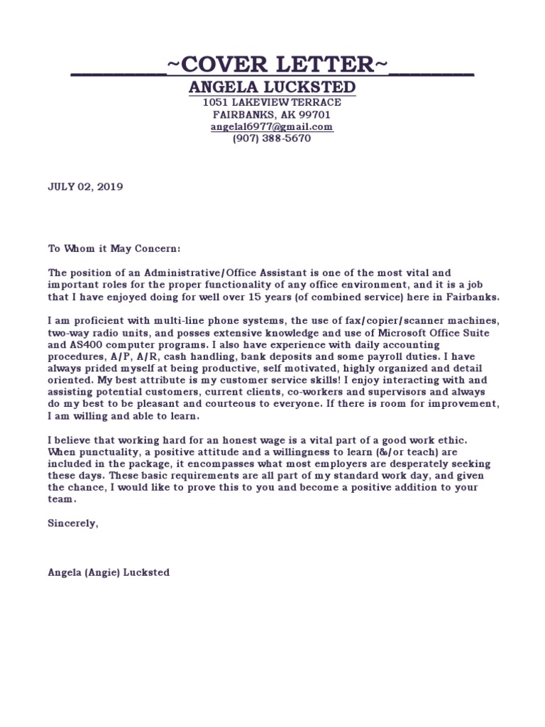 Cover Letter : Angela Lucksted | PDF