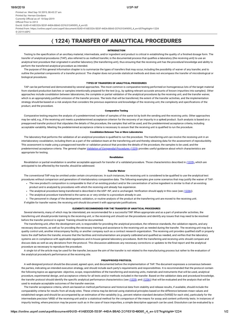 Transfer of Analytical Procedures 1224 Usp42 - NF | PDF | Accuracy And ...