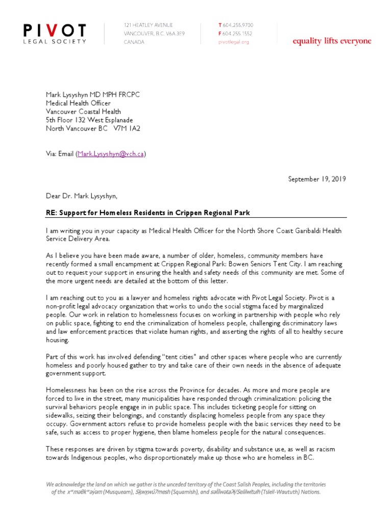 Pivot Letter of Support For Homeless Residents in Bowen Seniors Tent ...