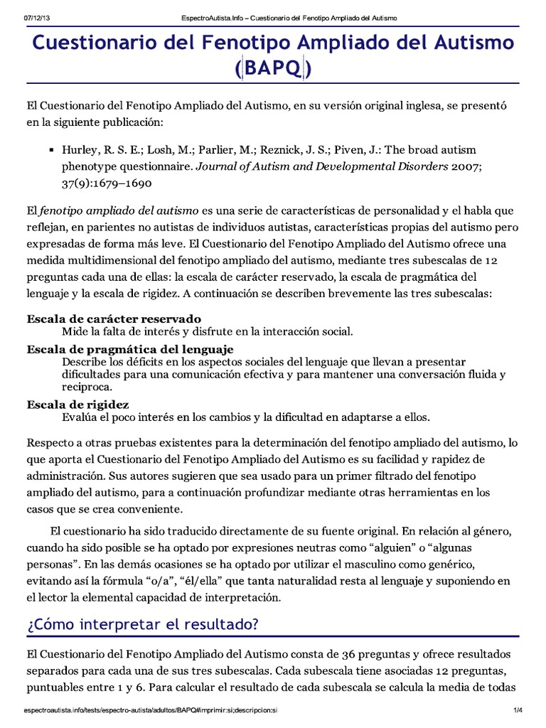 BAPQ Cuestionario Del Fenotipo Ampliado Del Autismo PDF | PDF