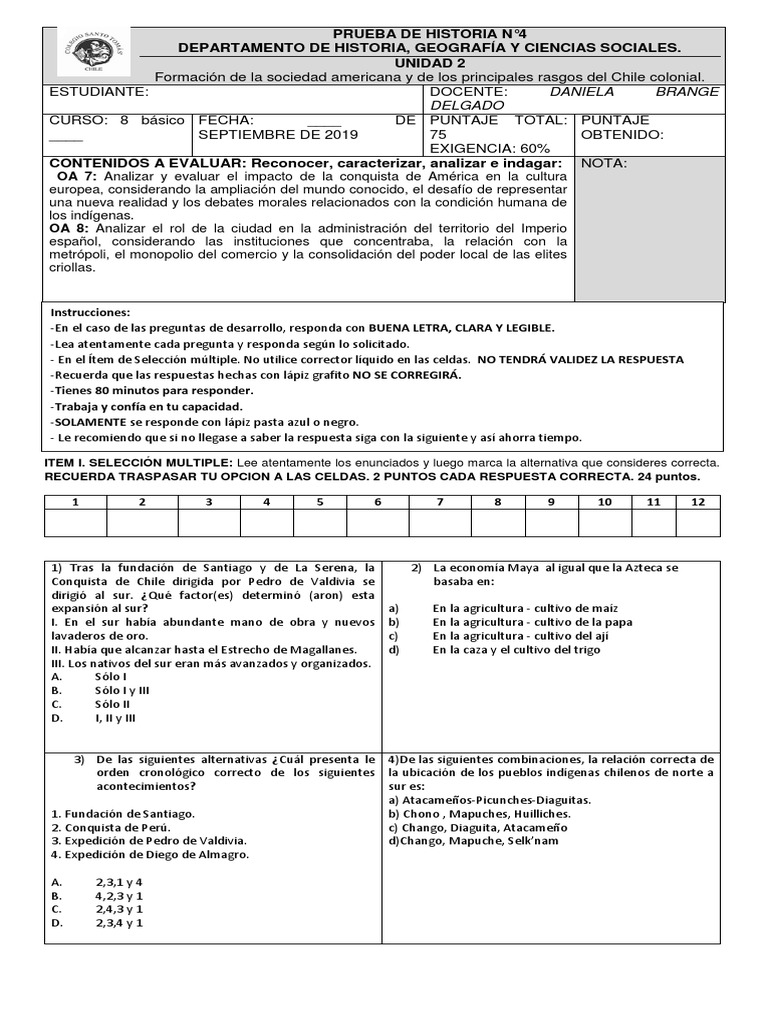 PRUEBA de HISTORIA 8 Basico. America Precolombina, Descubirmiento Chile ...