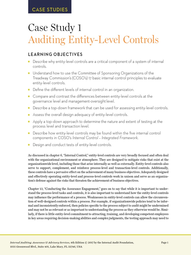 Auditing Entity-Level Controls: Case Study 1 | Internal Control | Internal Audit
