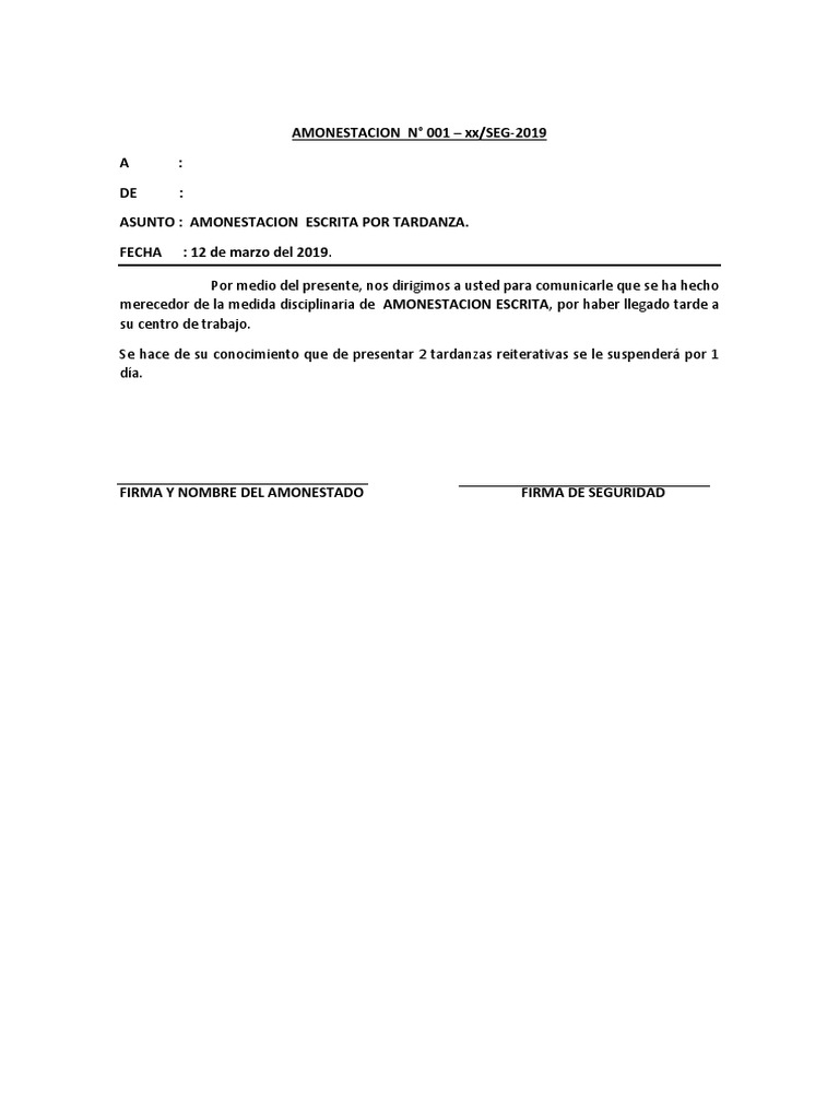 Amonestación escrita por llegar tarde al trabajo | PDF
