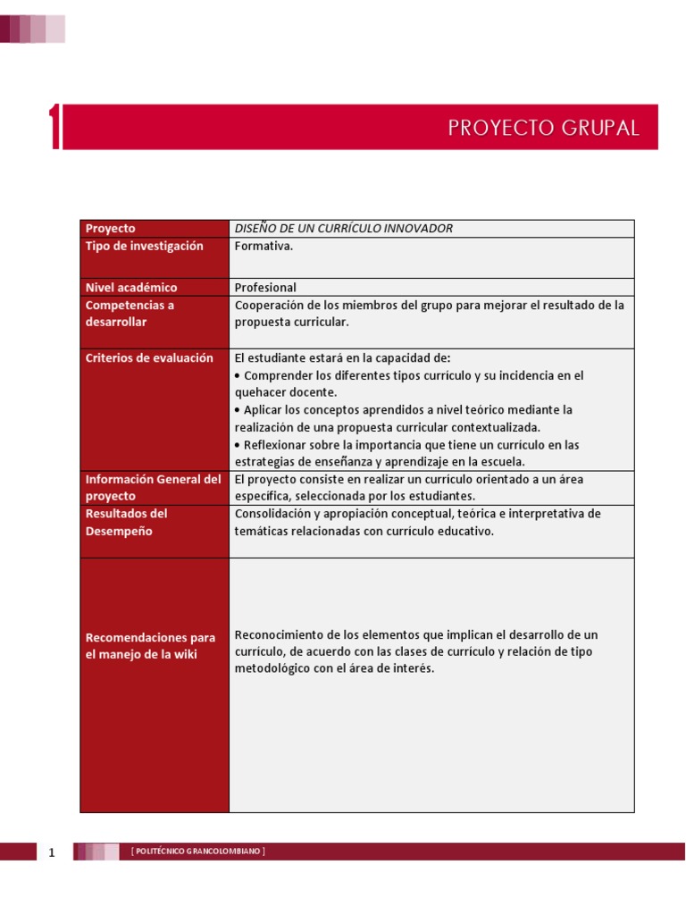 Instructivo Proyecto Grupal INTRODUCCION A LOS CURRICULOS DISEÑO DESARROLLO Y EVALUACION PDF ...