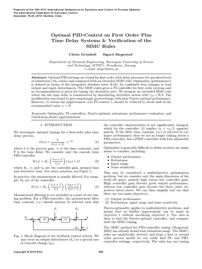 Optimal PID-Control On First Order Plus Time Delay Systems ...