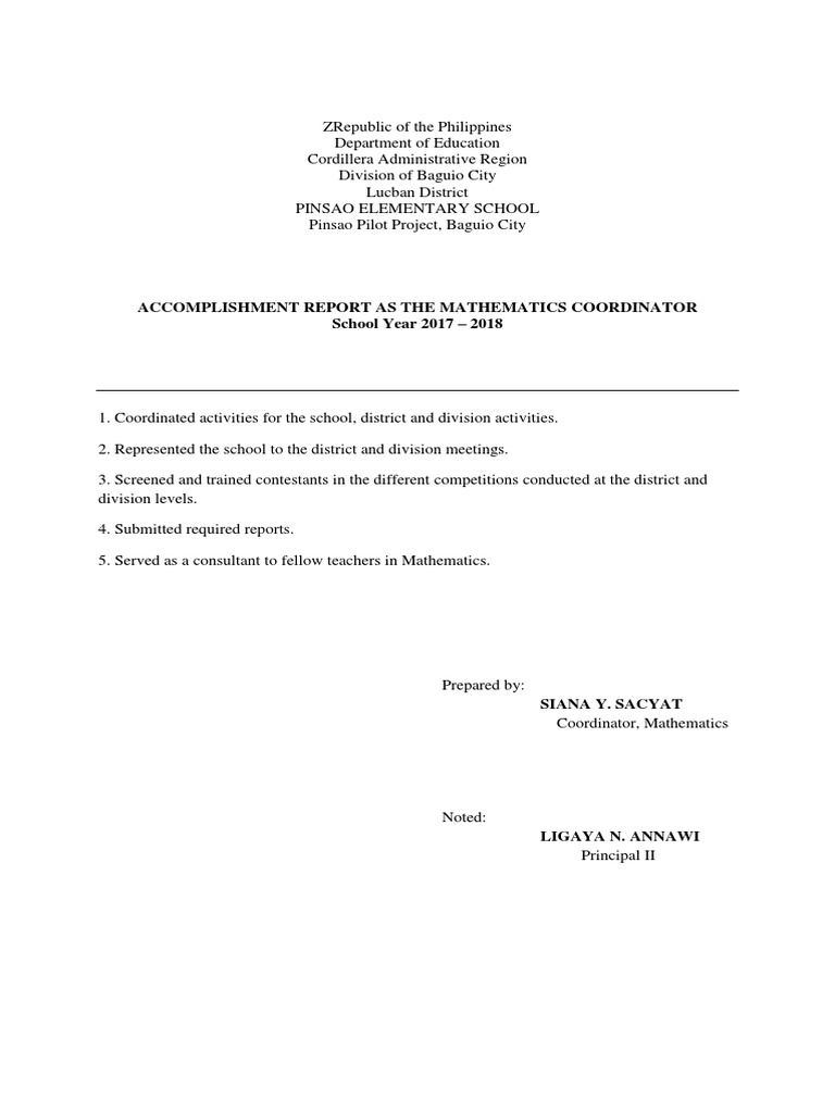 Accomplishment Report As The Mathematics Coordinator School Year 2017 ...