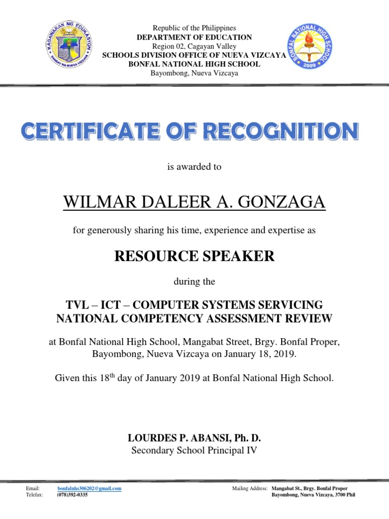 Certificate of Recognition To Nc2 Review | PDF | Schools