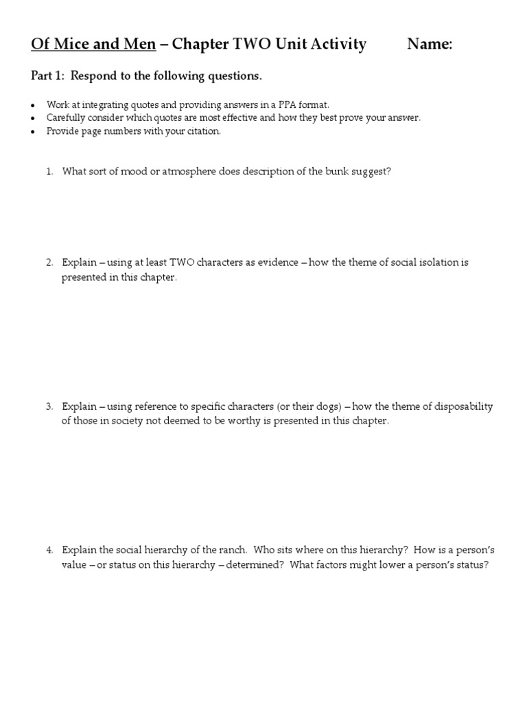 Of Mice and Men - Chapter TWO Unit Activity Name:: Part 1: Respond To ...