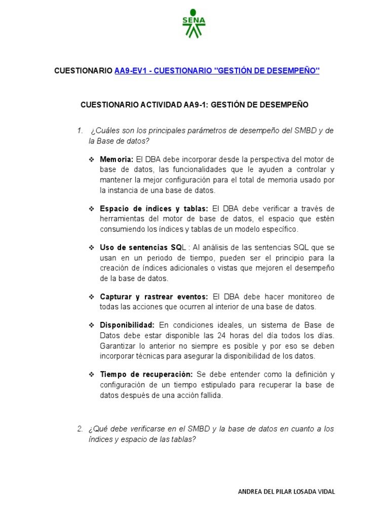 Cuestionario Actividad AA9 1 Gestion 1 | PDF | SQL | Bases de datos