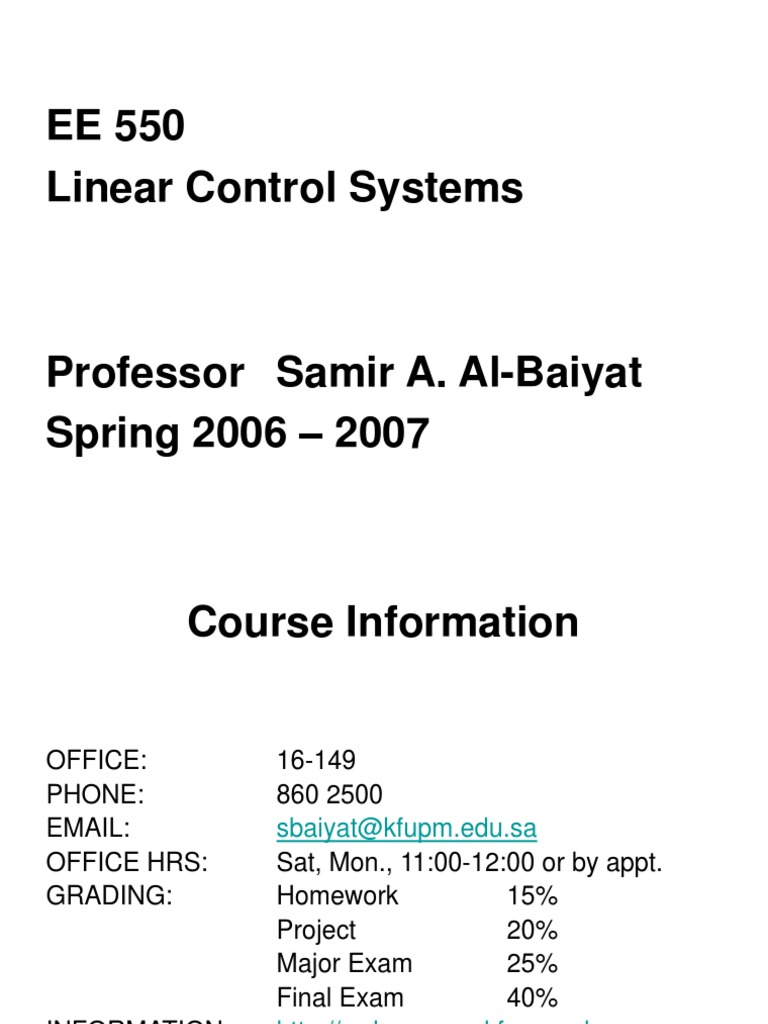 EE 550 Linear Control Systems | PDF | Mathematical Model | System
