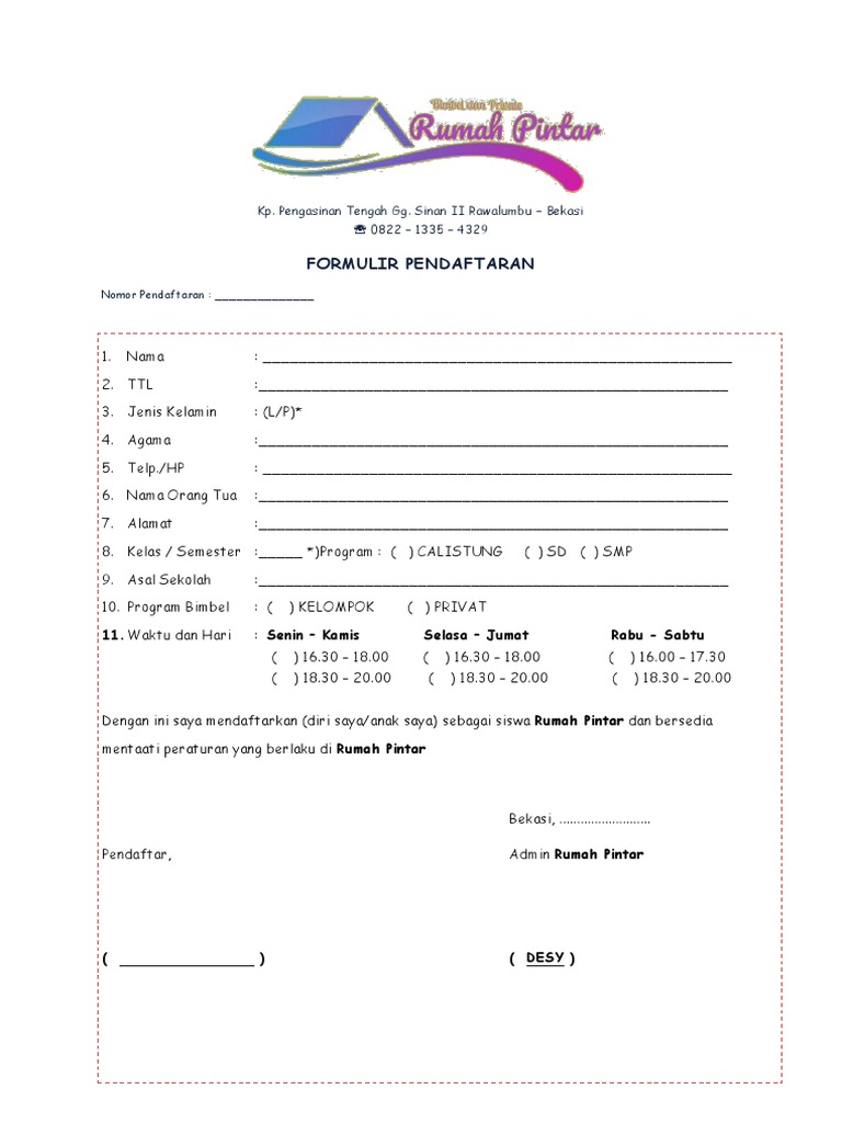 Formulir Pendaftaran Bimbel | PDF