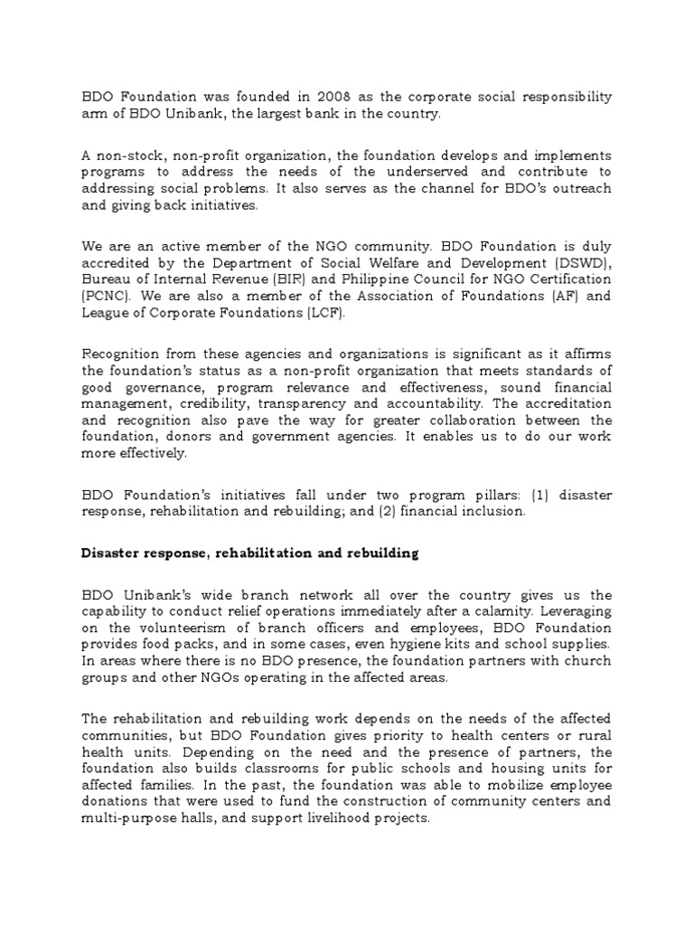 Bdo CSR | PDF | Financial Literacy | Non Governmental Organization