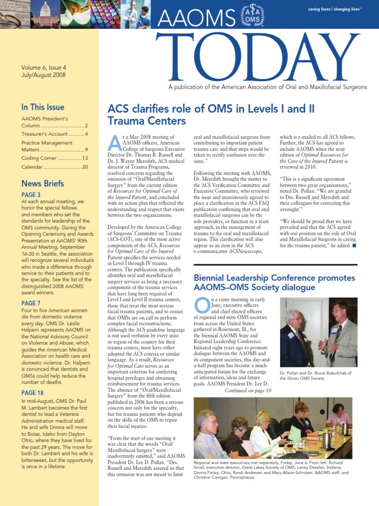 Today: aCS Clarifies Role of OMS in Levels I and II Trauma Centers ...