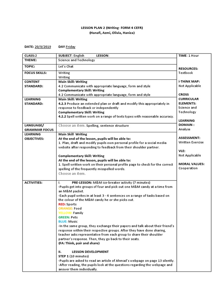 Writing Lesson Plan for Form 4 CEFR | PDF | Spelling | Linguistics