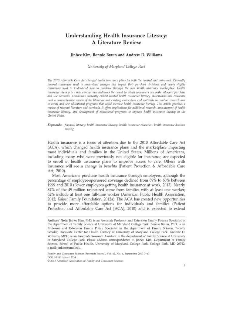 Understanding Health Insurance Literacy A Literature Review | PDF ...