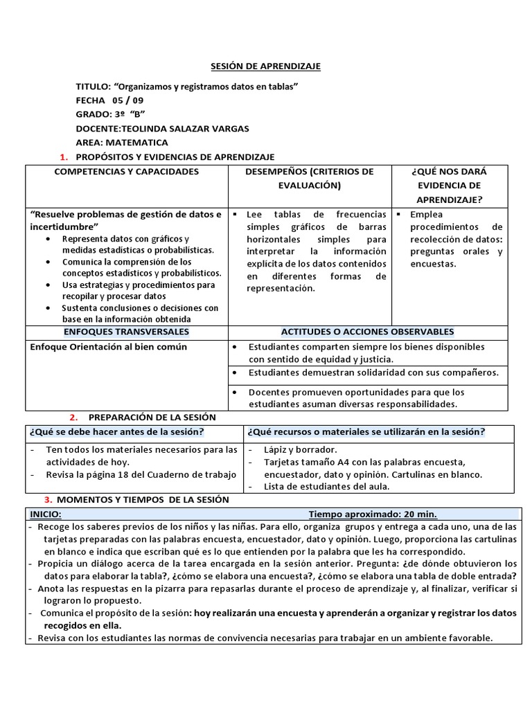 Sesión de Aprendizaje Organizamos y Registramos Datos en Tablas | PDF | Salón de clases | Tabla ...