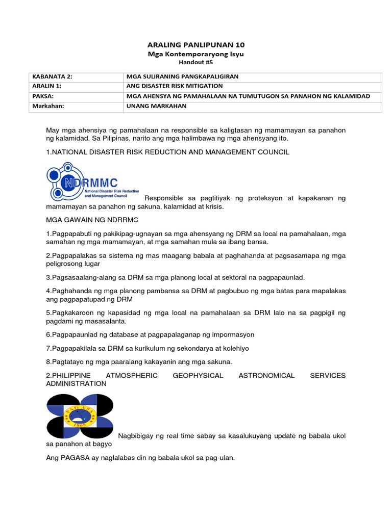Mga Ahensya NG Pamahalaan Na Tumutugon Sa Panahon NG Kalamidad | PDF