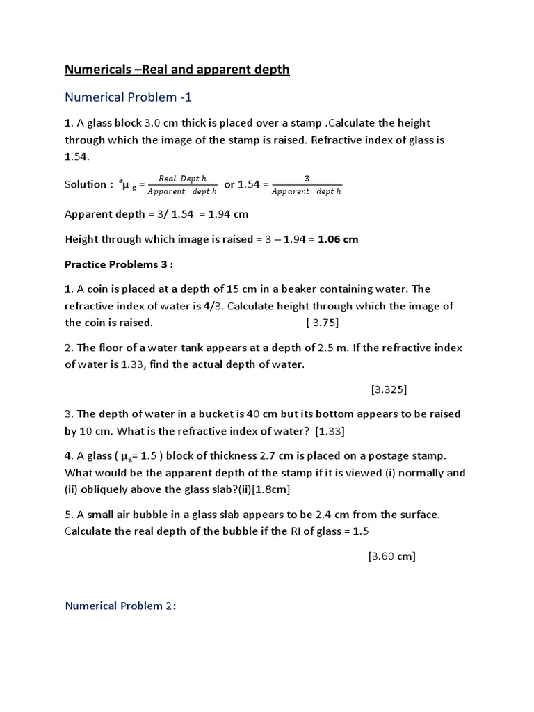 Numericals - Real and Apparent Depth PDF | PDF | Teaching Methods & Materials | Art