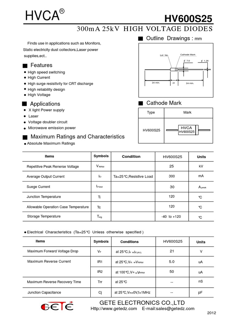 300ma 25Kv High Voltage Diodes: Features | PDF | Diode | Electronics