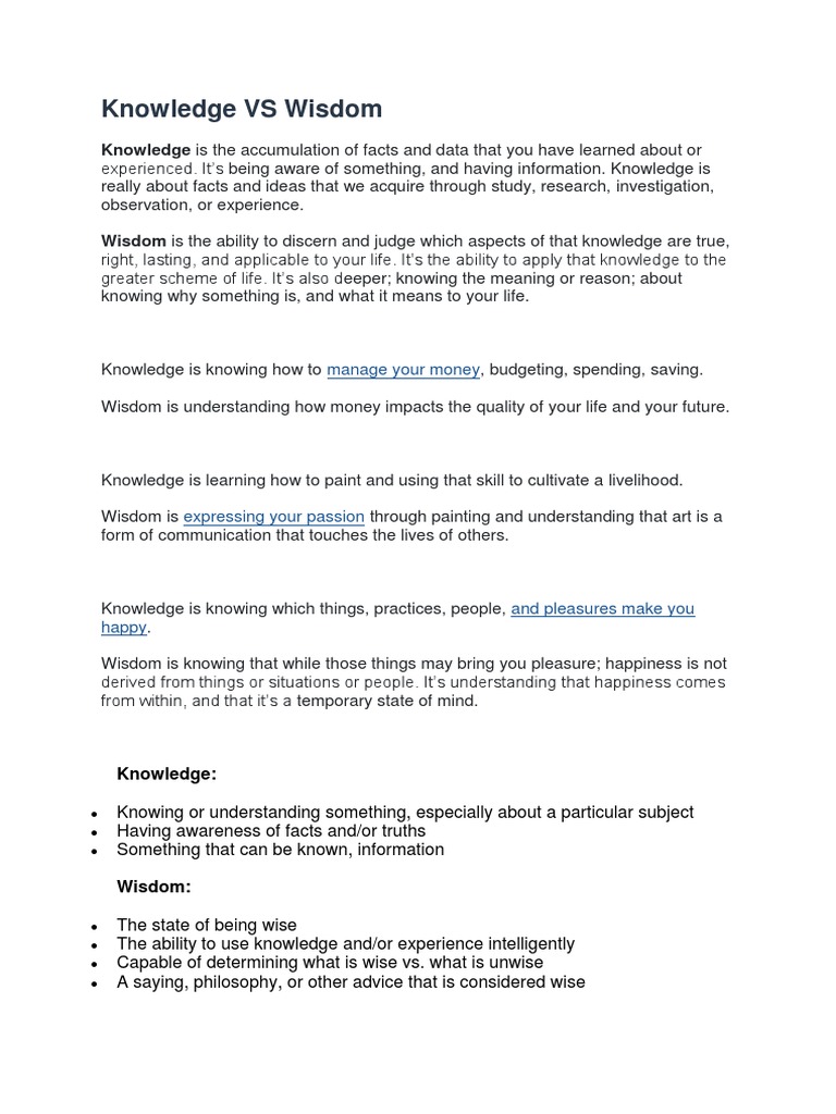 Knowledge VS Wisdom: Knowledge Is The Accumulation of Facts and Data ...