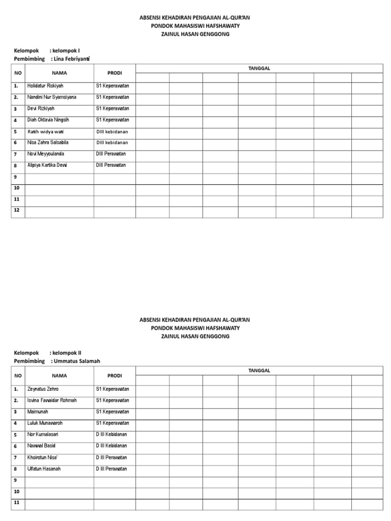 Absensi Kehadiran Pengajian Al | PDF