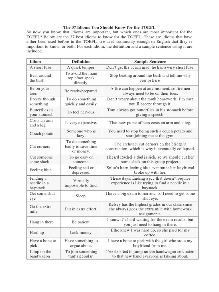 The 37 Idioms You Should Know For The TOEFL | PDF