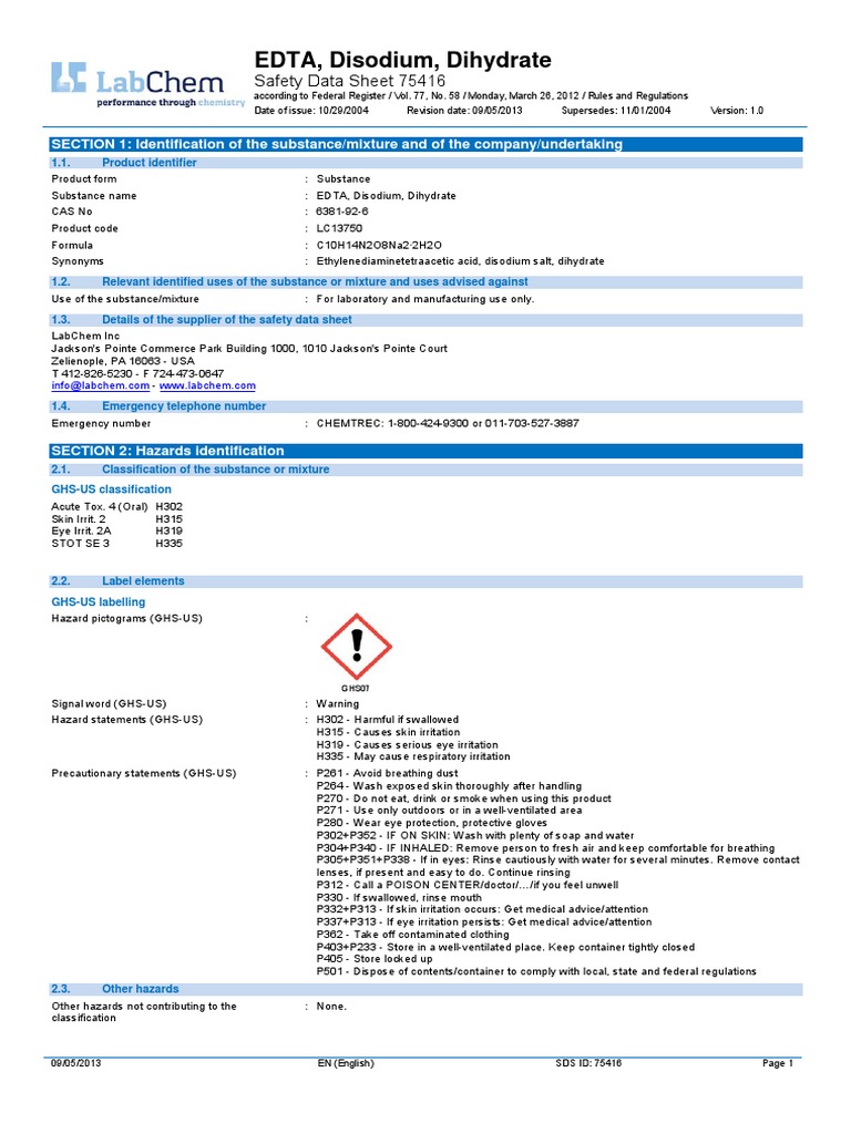 EDTA (Titriplex III) PDF | PDF | Toxicity | Firefighting