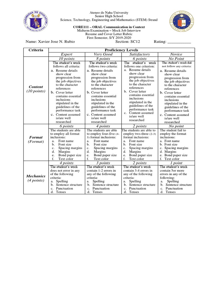 Criteria Proficiency Levels: Name: Xavier Jose N. Rubio Section: SC12 Rating | PDF | Human ...