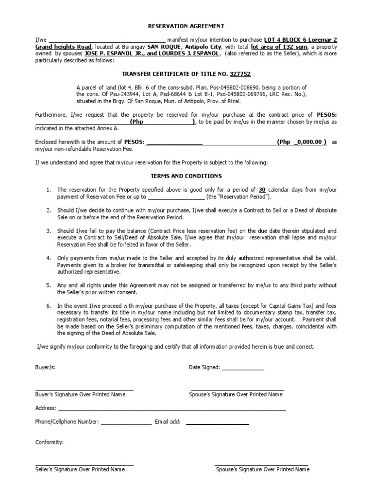 Property Reservation Agreement Sample | PDF | Fee | Sales