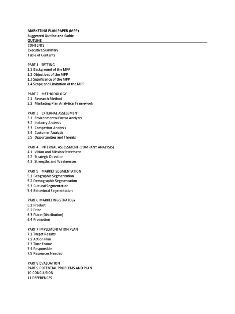Marketing Plan Paper (MPP) Suggested Outline and Guide Outline | PDF