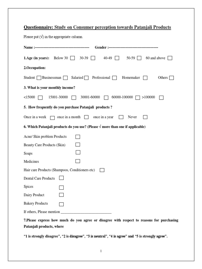 Questionnaire:: Study On Consumer Perception Towards Patanjali Products ...
