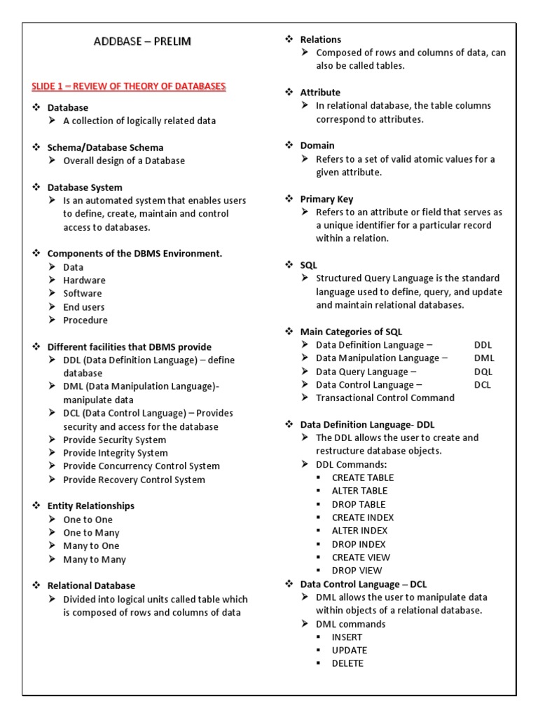 Addbase - Prelim: Slide 1 - Review of Theory of Databases | PDF | Relational Database | Databases