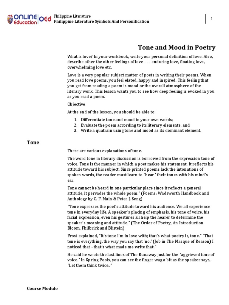 Tone and Mood in Poetry: Philippine Literature Symbols and ...