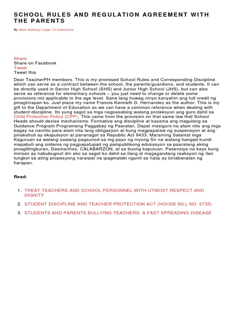 School Rules and Regulation Agreement With The Parents | PDF