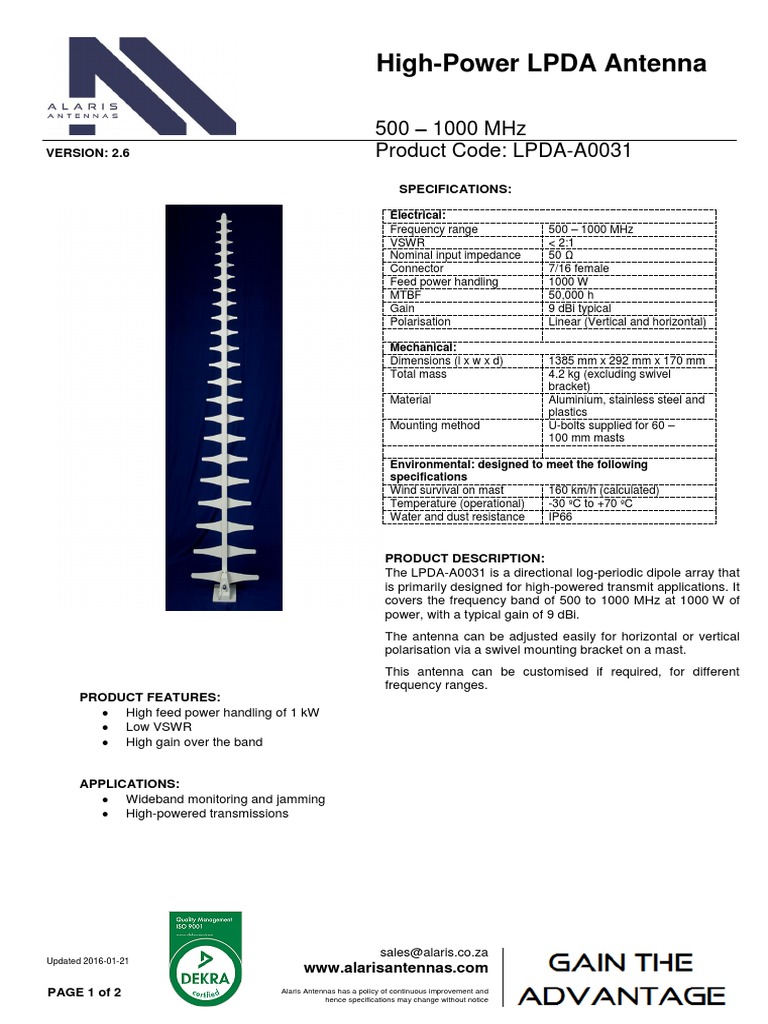 High-Power Lpda Antenna: 500 - 1000 MHZ Product Code: Lpda-A0031 | PDF ...