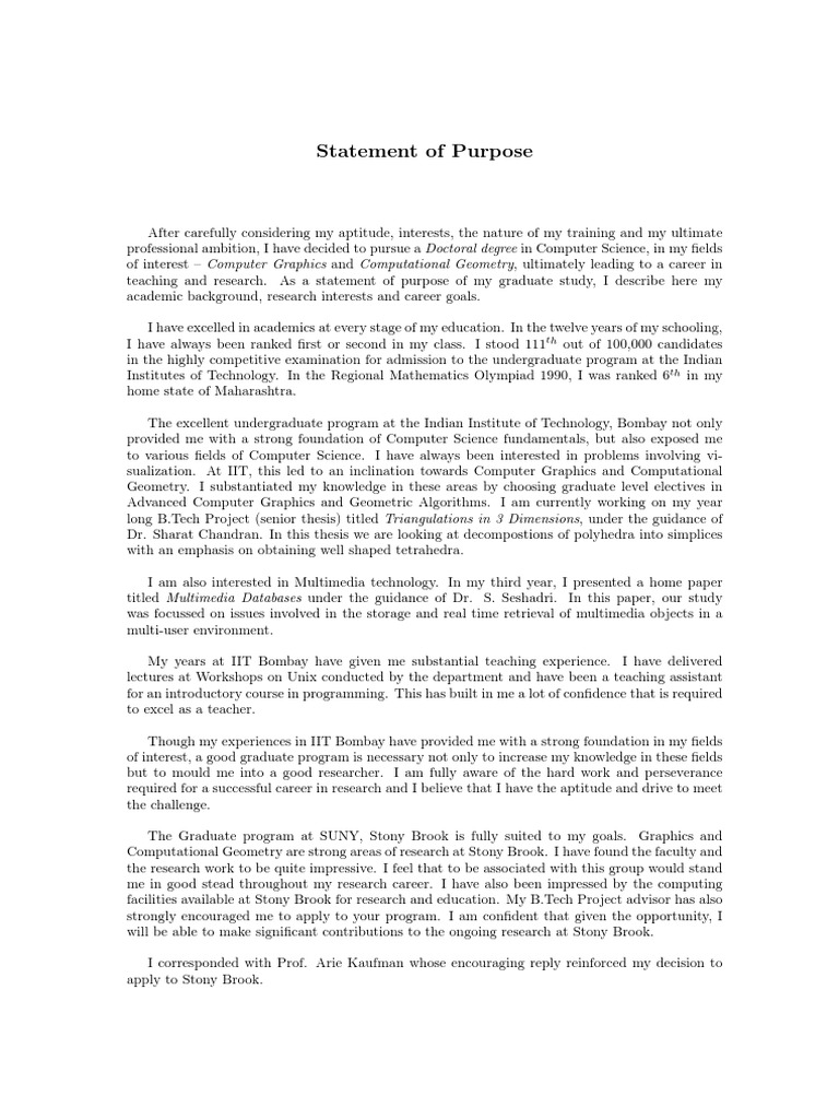 Sop Sample 1 | PDF | Graduate School | Computer Science