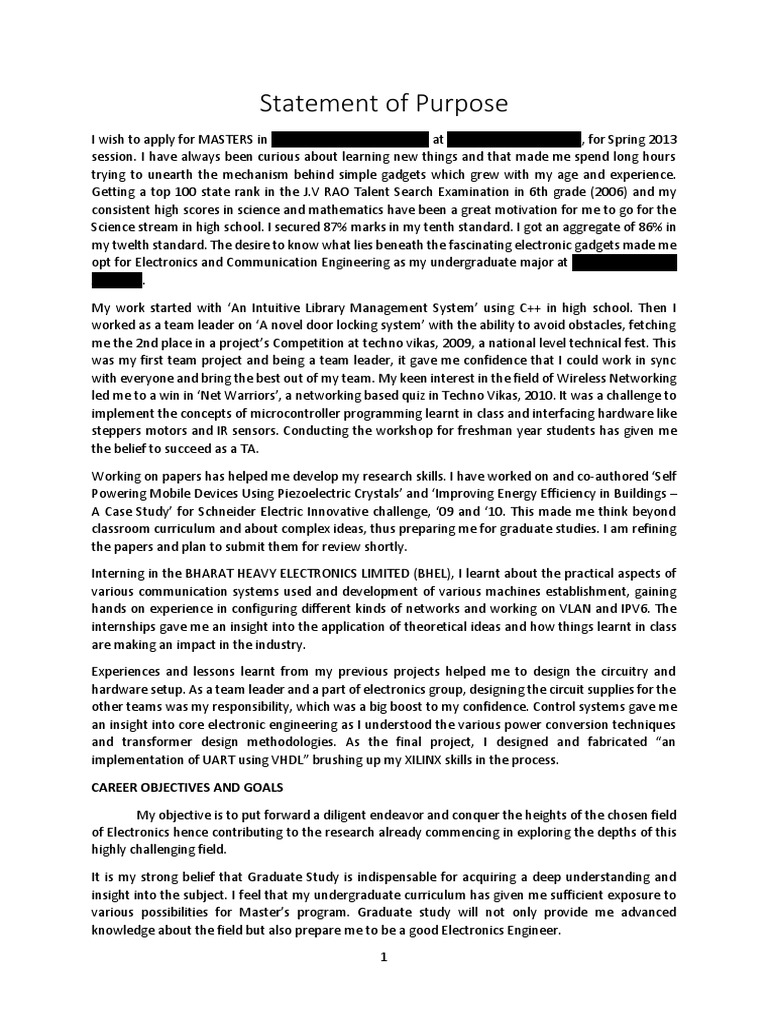 Statement of Purpose: Career Objectives and Goals | PDF | Curriculum ...