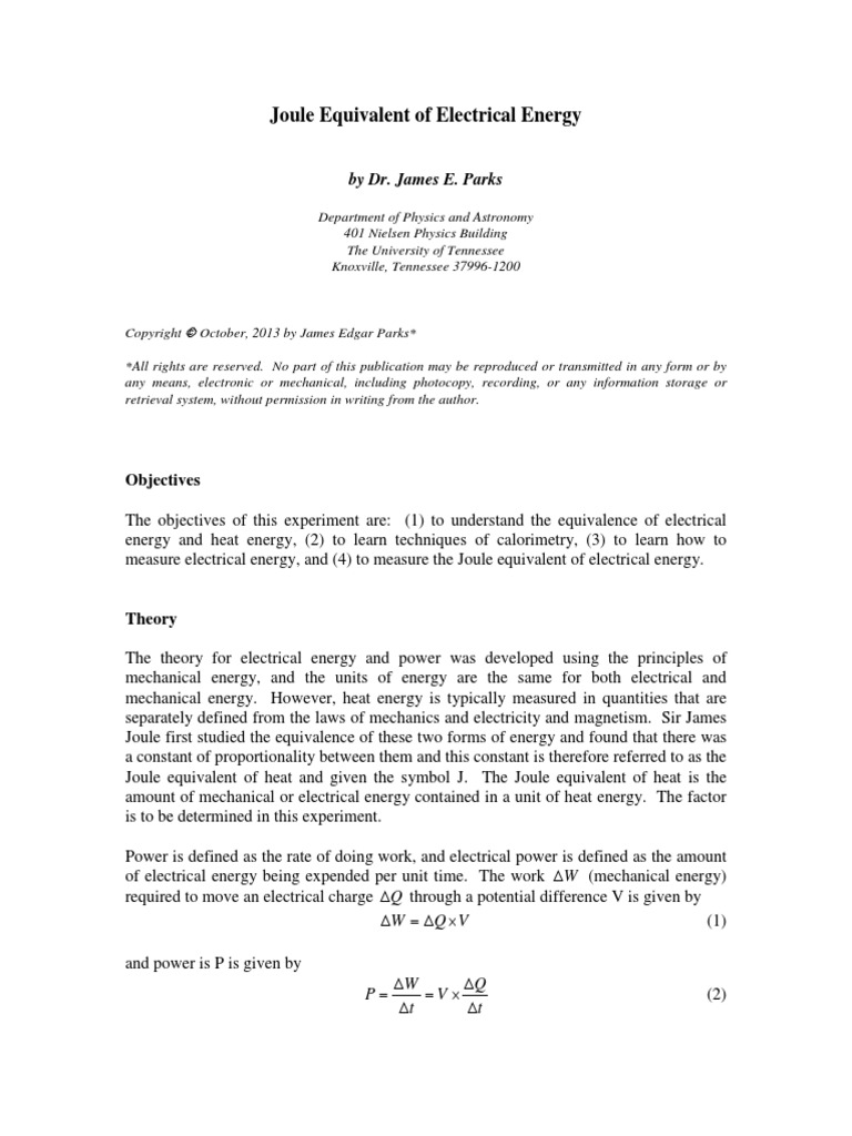 Joule Equivalent of Electrical Energy | PDF | Heat | Calorie