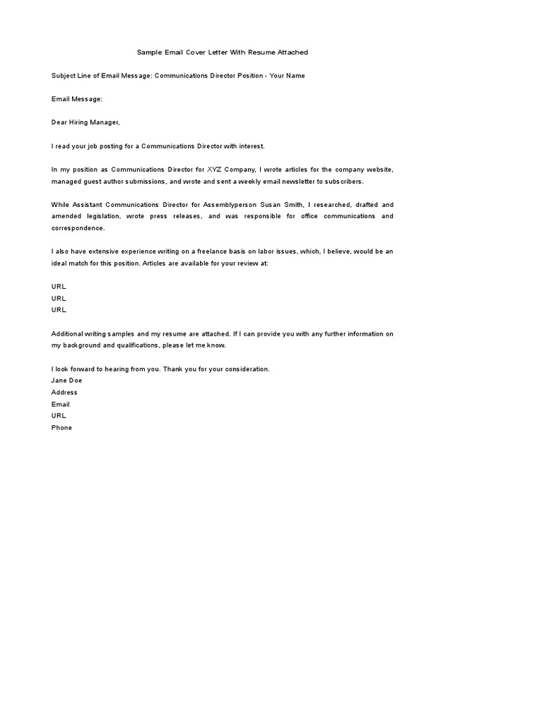 Sample Email Cover Letter With Resume Attached | PDF