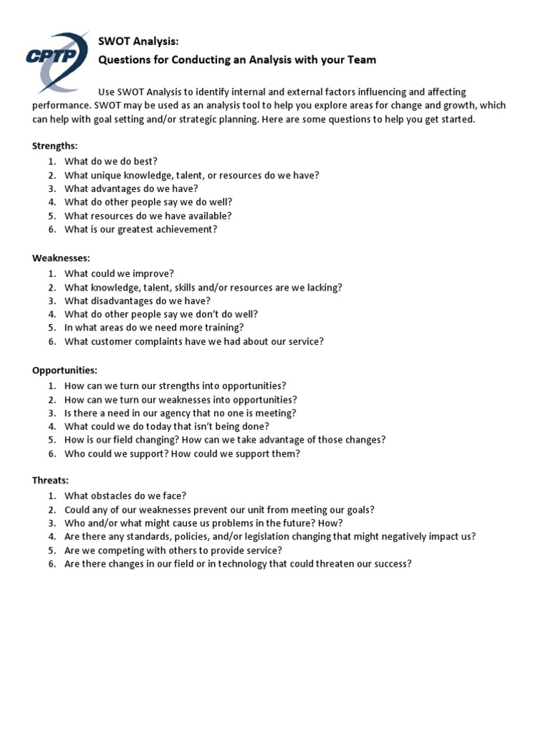 SWOT Analysis: Questions For Conducting An Analysis With Your Team ...