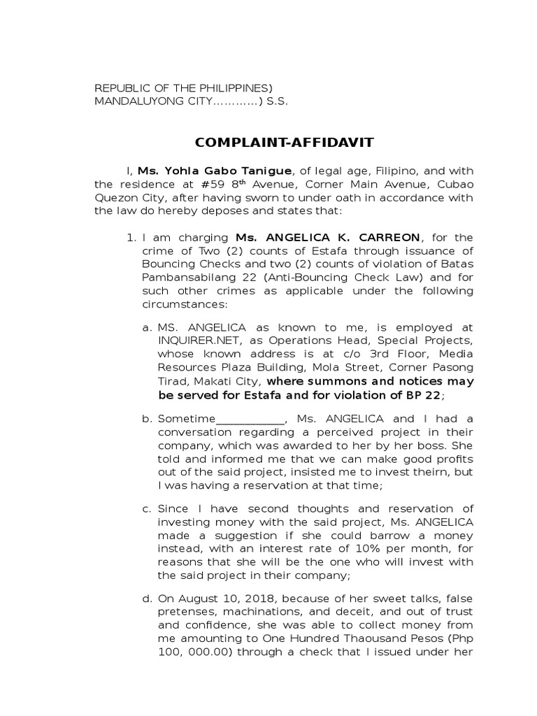 Affidavit of Complaint BP 22 BASA (1) | Affidavit | Banks